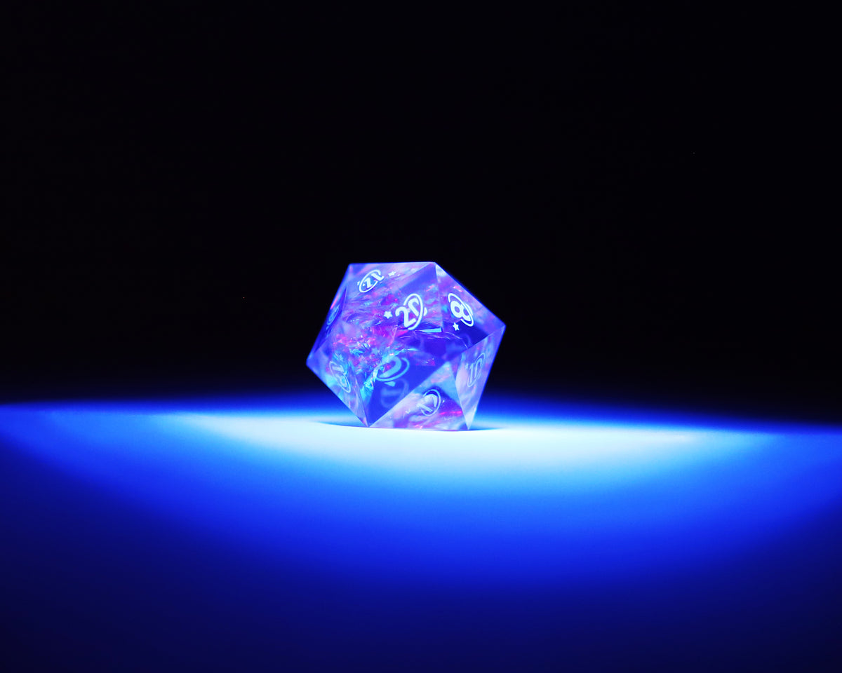Purple UV Dice Set flashlight included - Cloak & Dagger | Sirius Dice